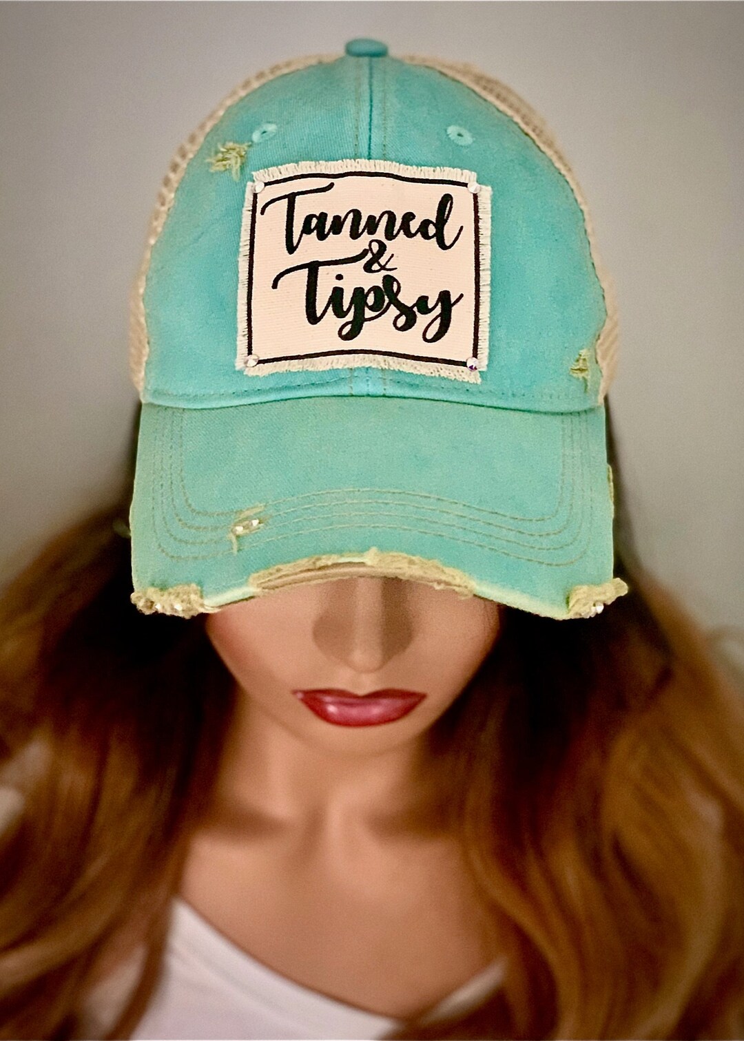 Tanned & Tipsy Bling Baseball Hat/ Aqua Distressed-ready to Ship - Etsy