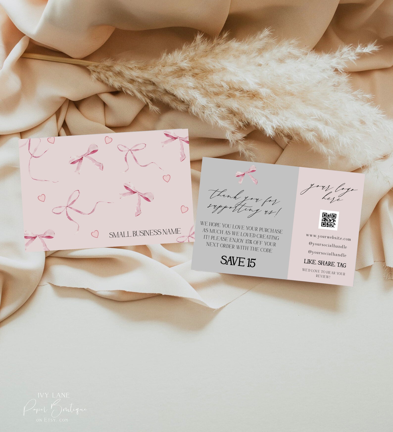 RILEY Coquette Bows Business Thank You Card Template, QR Code Editable ...
