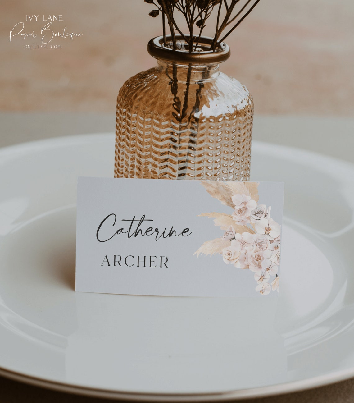 ISLA Boho Place Card Pampas Grass Bohemian Name Card - Etsy