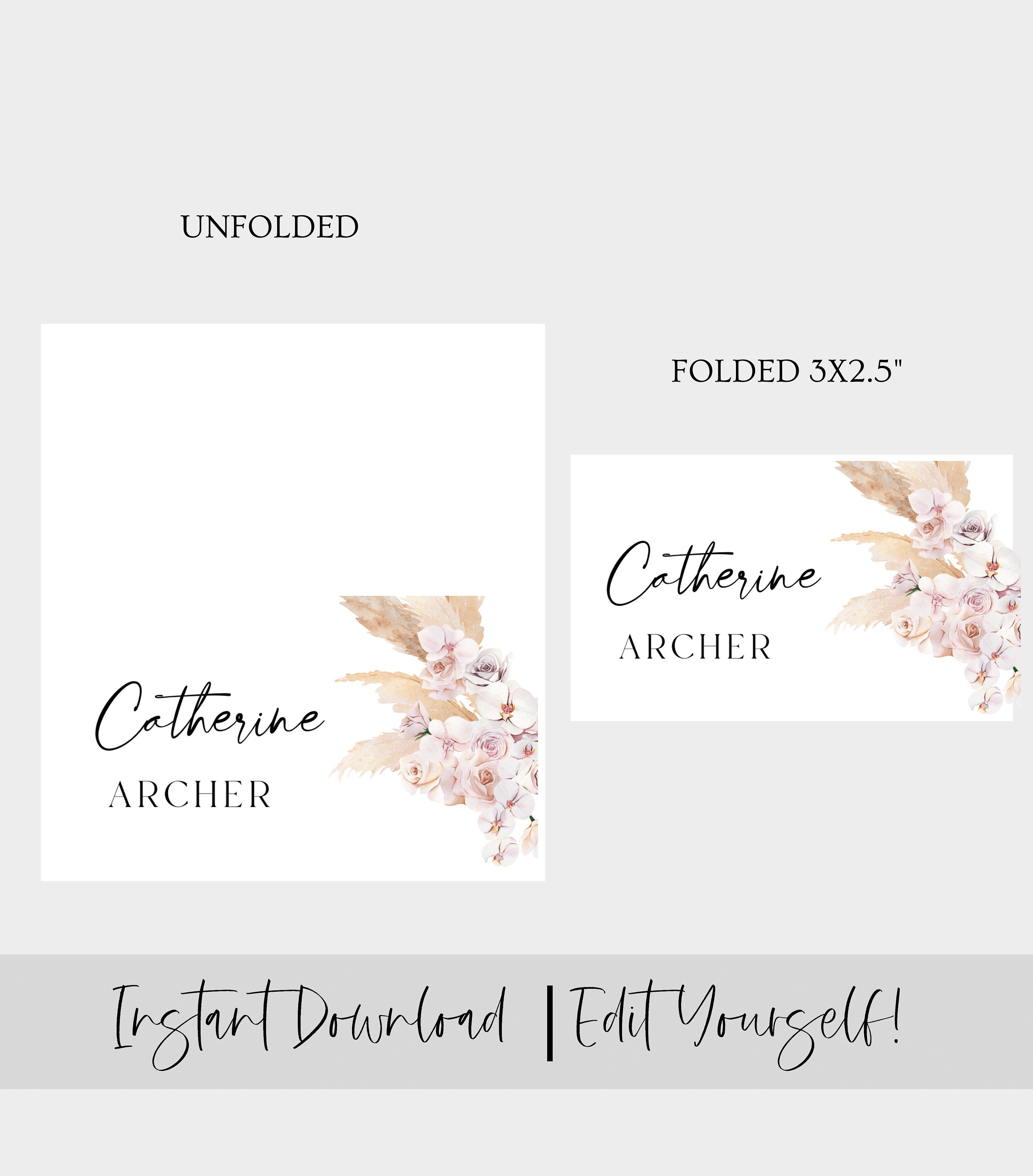 ISLA Boho Place Card Pampas Grass Bohemian Name Card Template Palm Leaf ...