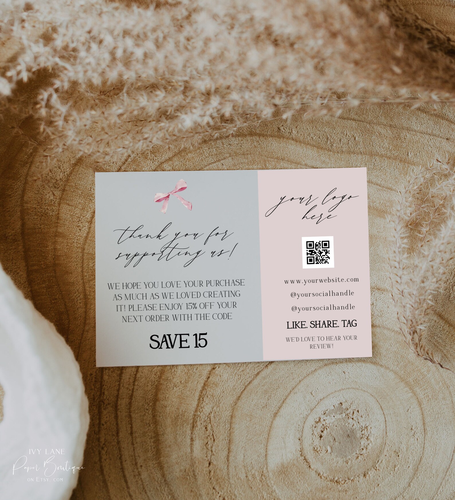 RILEY Coquette Bows Business Thank You Card Template, QR Code Editable ...