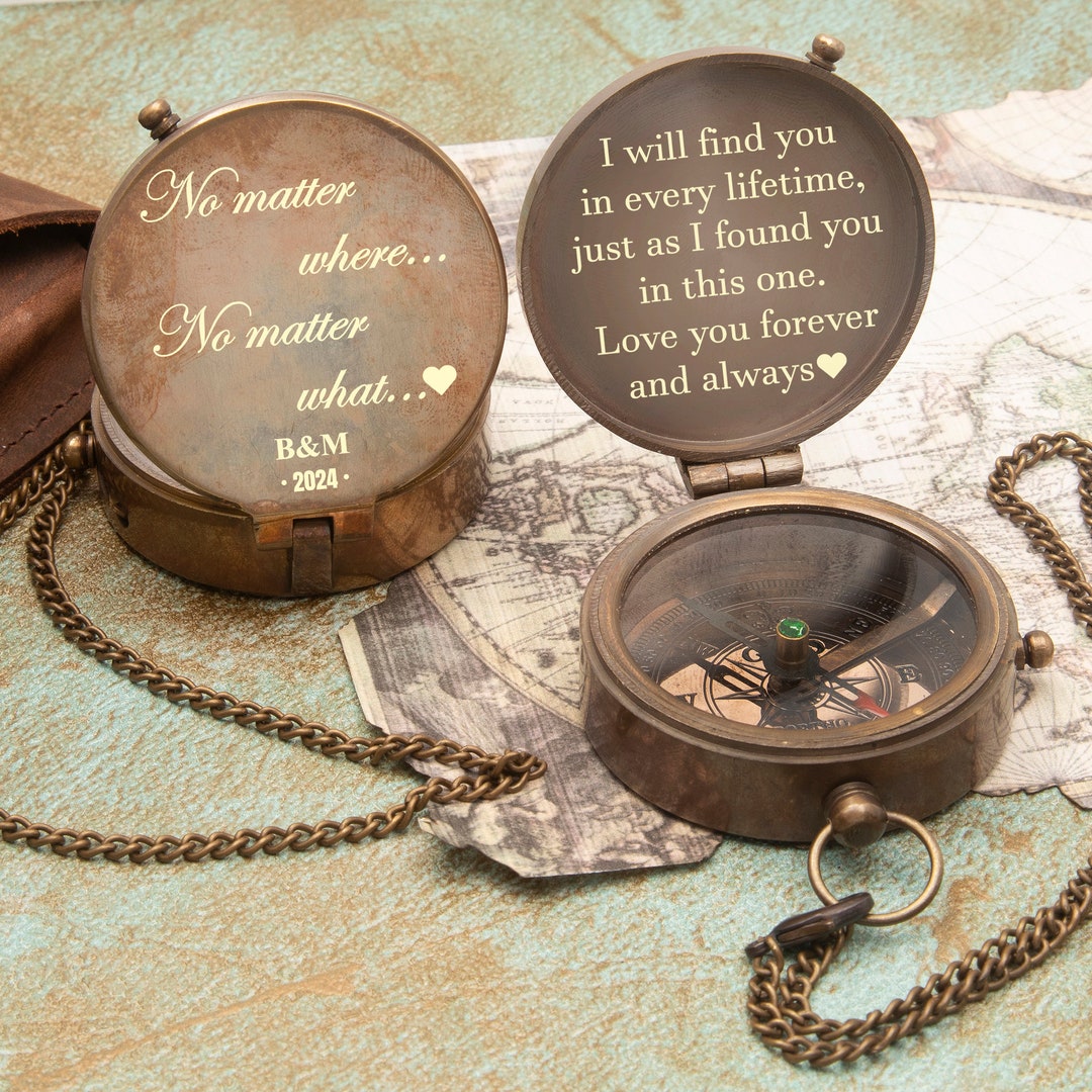 Couple Anniversary Gift Brass Compass, Wedding Gift Photo Engraved ...