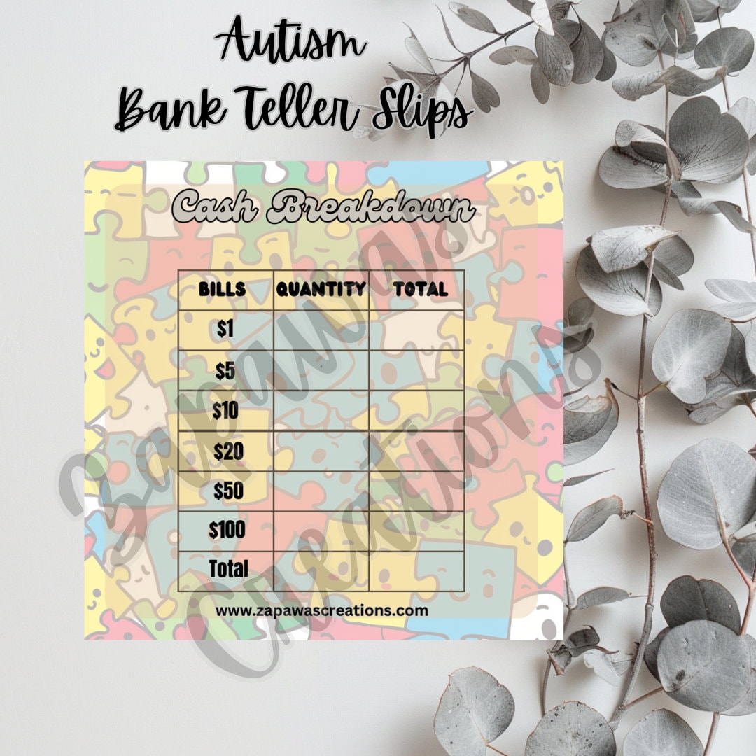 Autism SINGLE Cash Breakdown Slip | Digital Download | Cash Budget Slip ...