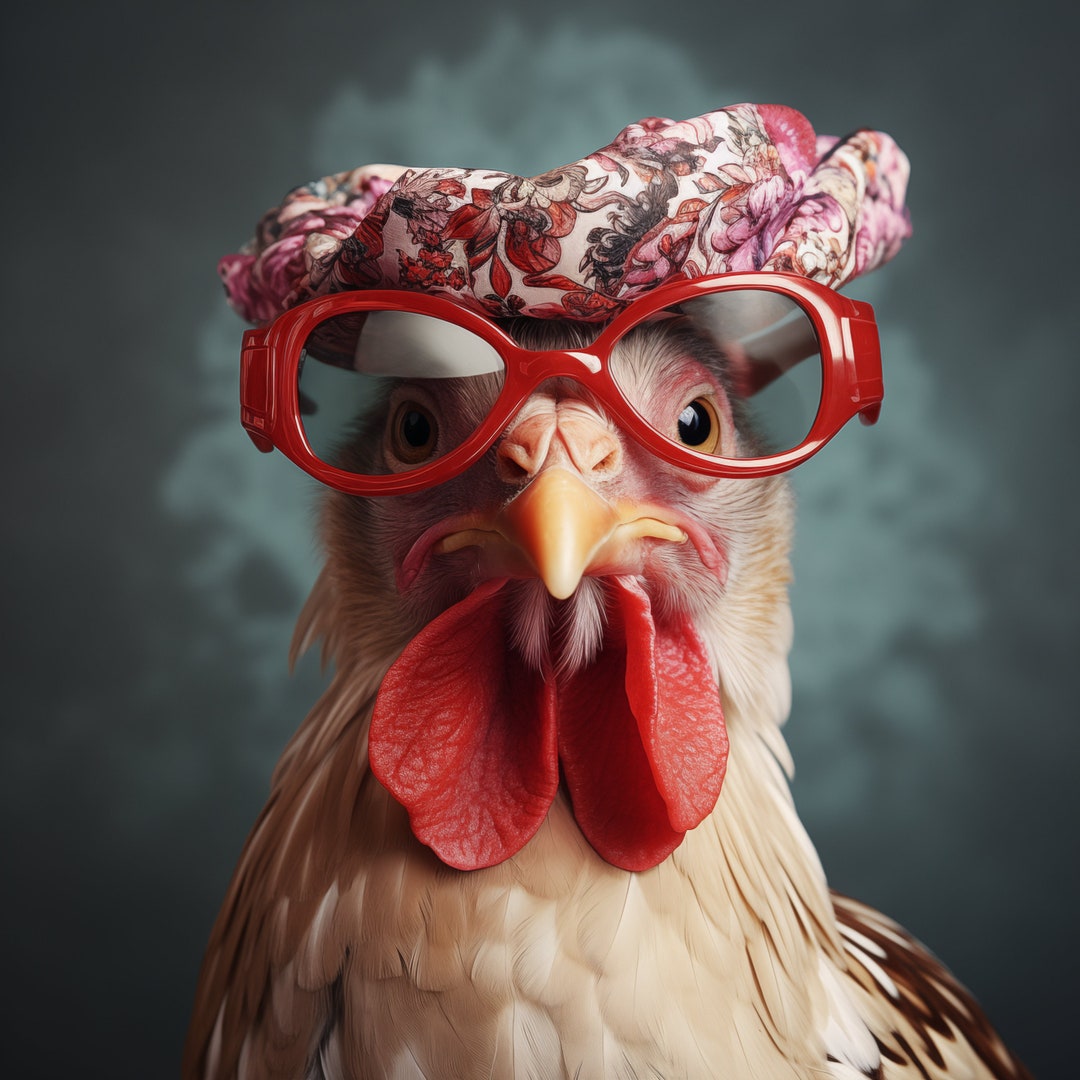 Urban Farmhouse Chicken Portrait in Red Glasses and Floral Hat - Retro ...