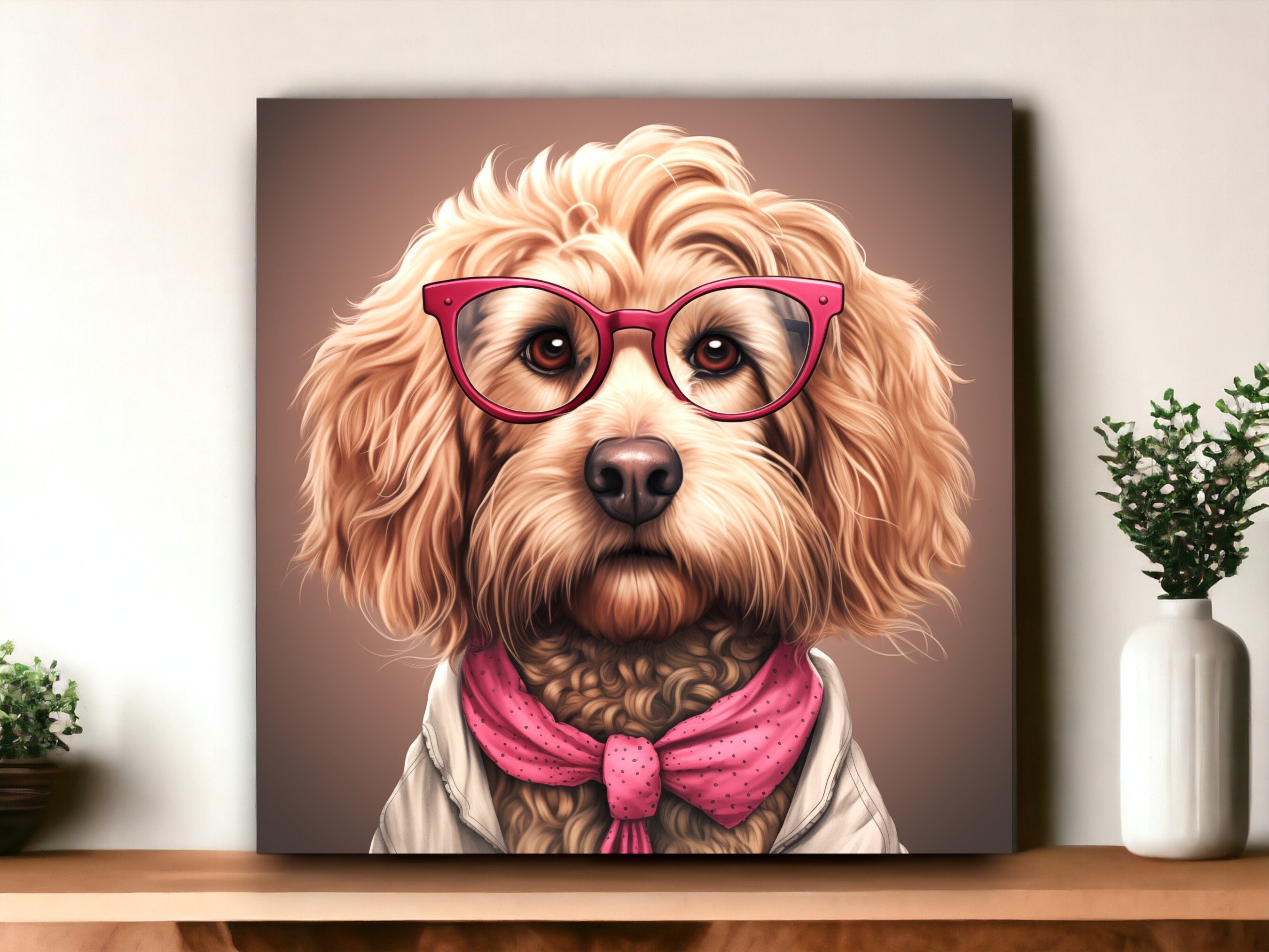 Urban Farm Goldendoodle Portrait in Pink Glasses & Scarf, Labradoodle ...