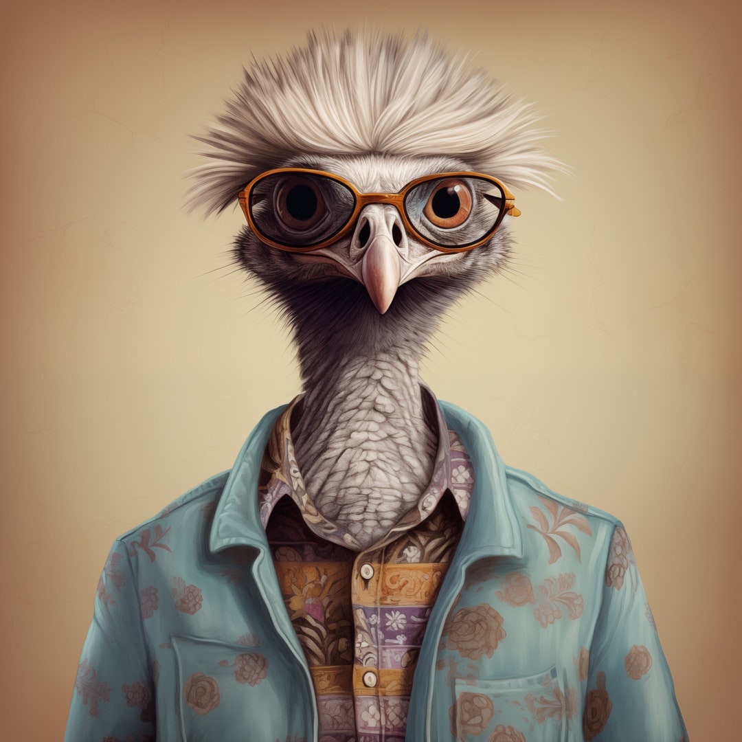 Urban Farm Emu Portrait in Colorful Jacket & Glasses, Bird Retro Pop ...
