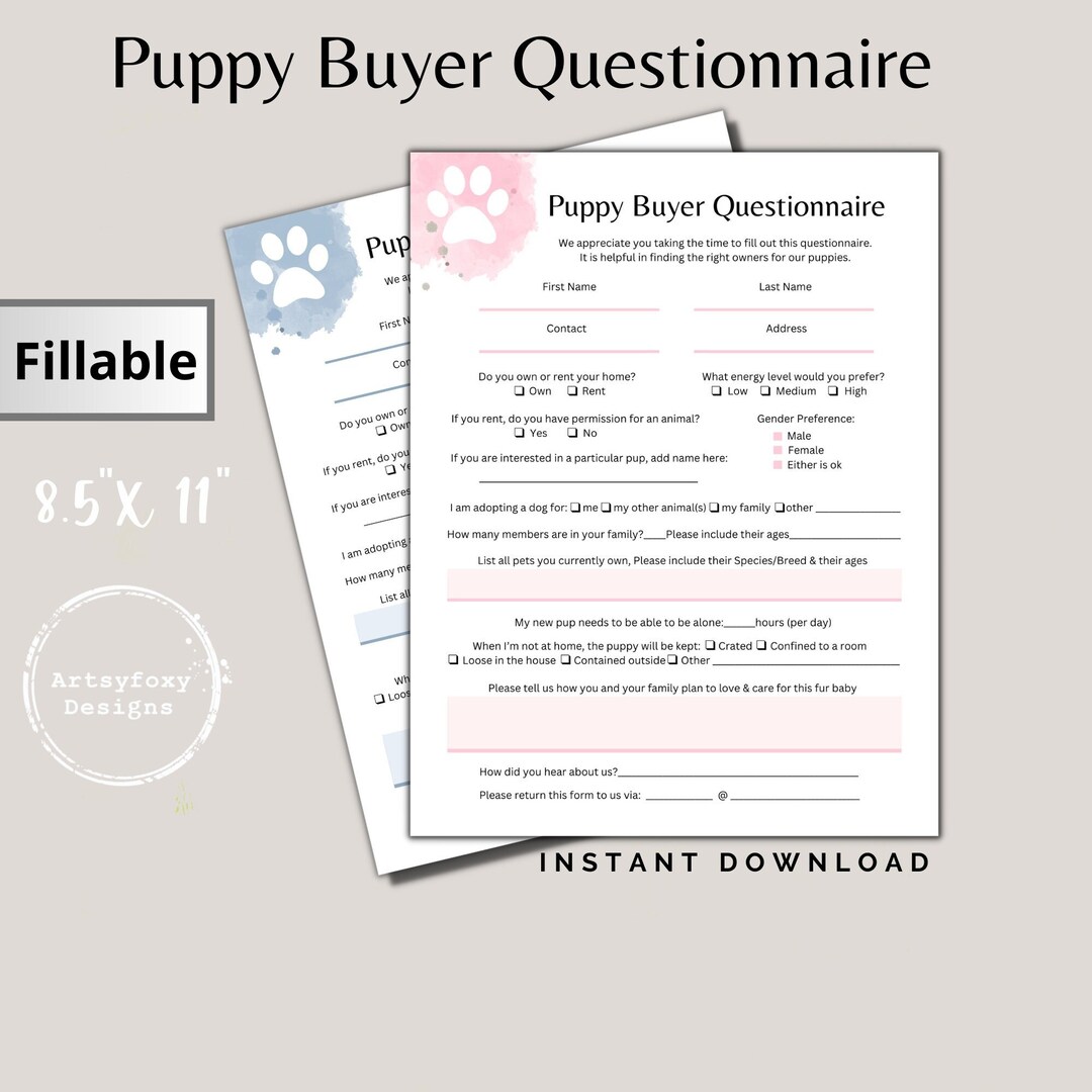 Puppy Buyer Questionnaire, Editable Puppy Buyer Application, Puppy ...