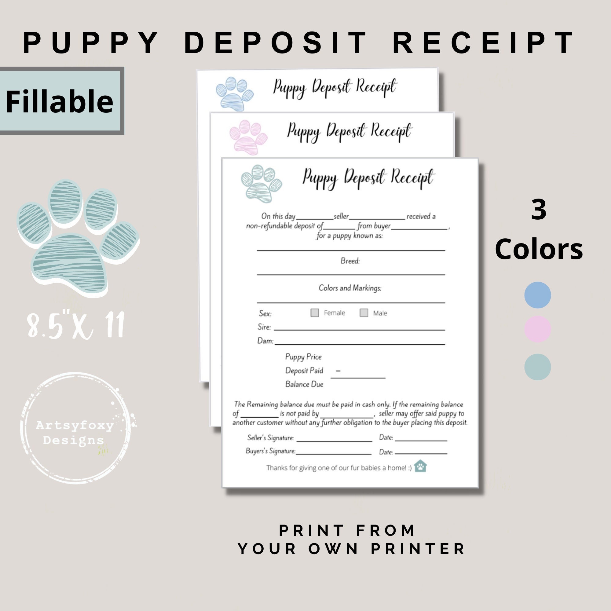 Puppy Deposit Receipt, Cash Only at Pickup, Fillable Puppy Deposit Form ...
