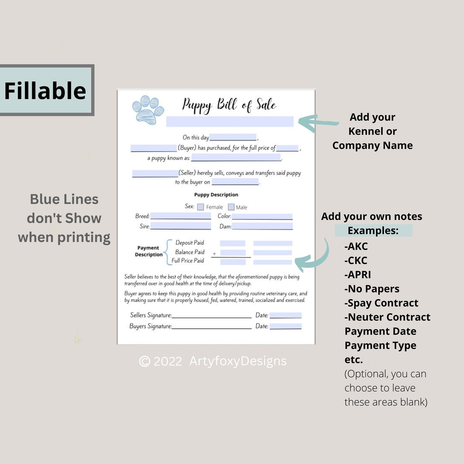 Puppy Bill of Sale, Editable Puppy Bill of Sale, Dog Breeder Forms ...