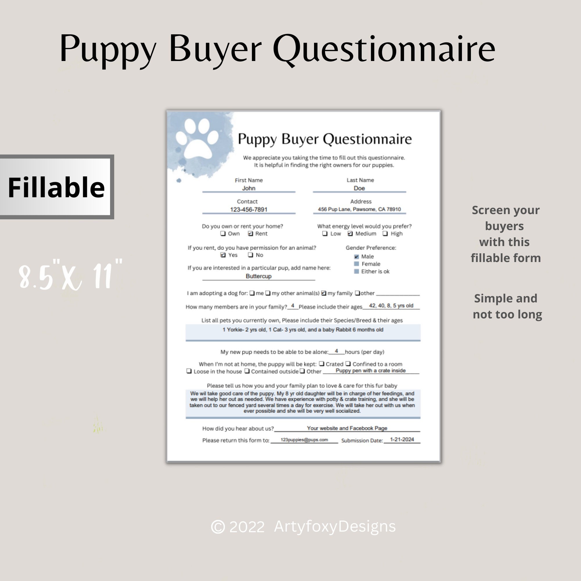 Puppy Buyer Questionnaire, Editable Puppy Buyer Application, Puppy ...