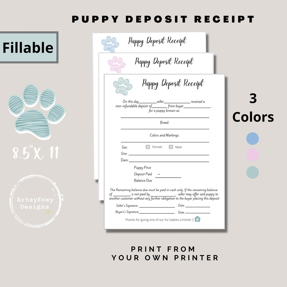 Puppy Deposit Receipt Cash Only at Pickup Fillable Puppy - Etsy
