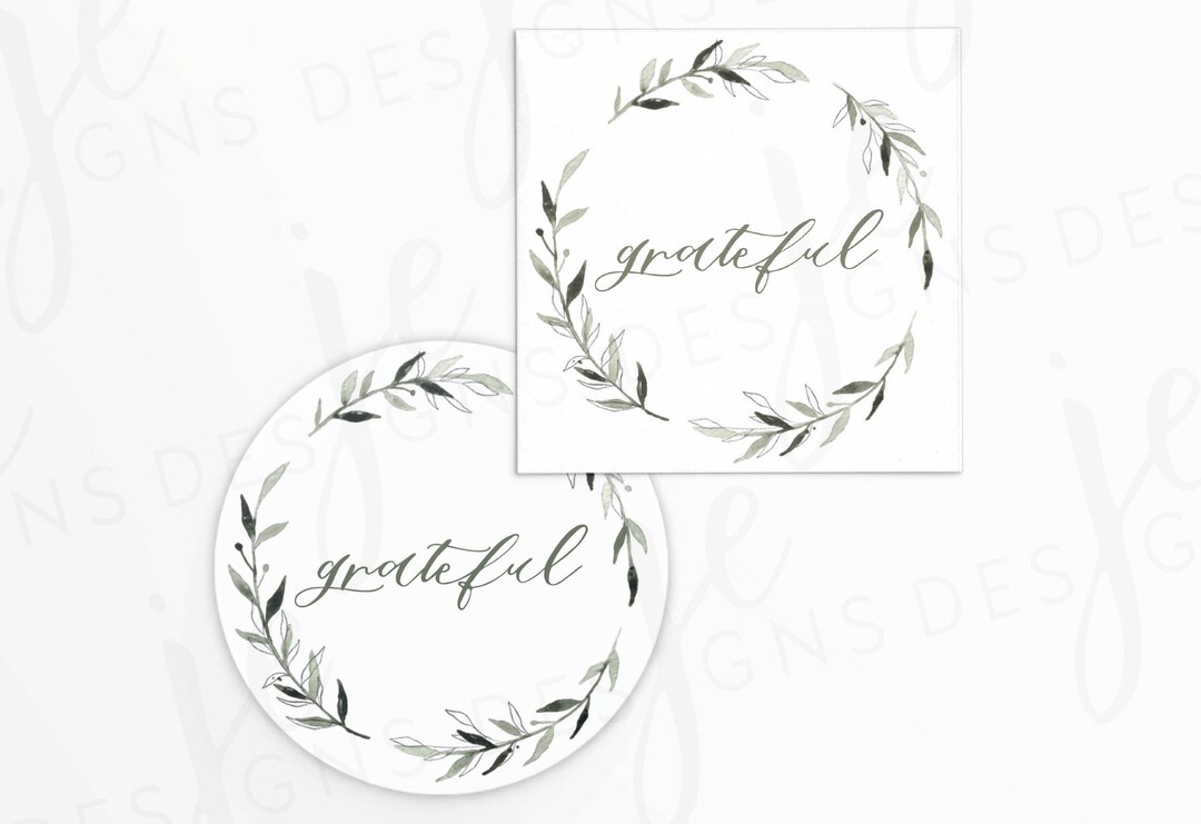 Grateful 2x2" Gift Tag With Green Watercolor Wreath | Printable ...