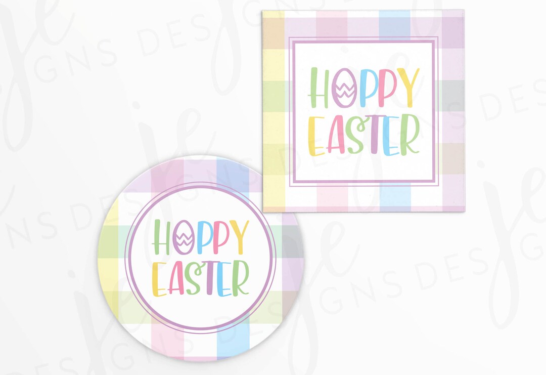 Hoppy Easter 2x2" Gift Tag With Rainbow Plaid Gingham | Cookie Tag ...