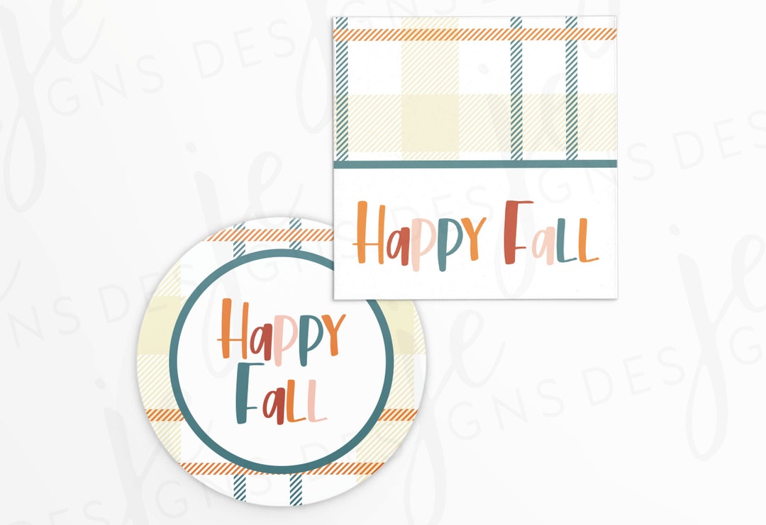 Happy Fall 2x2" Tag With Plaid Pattern and Multicolored Lettering ...