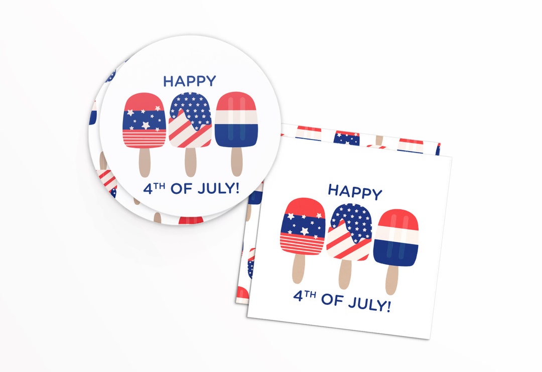 Happy 4th of July! 2x2" Tag With Red, White and Blue Popsicl ...