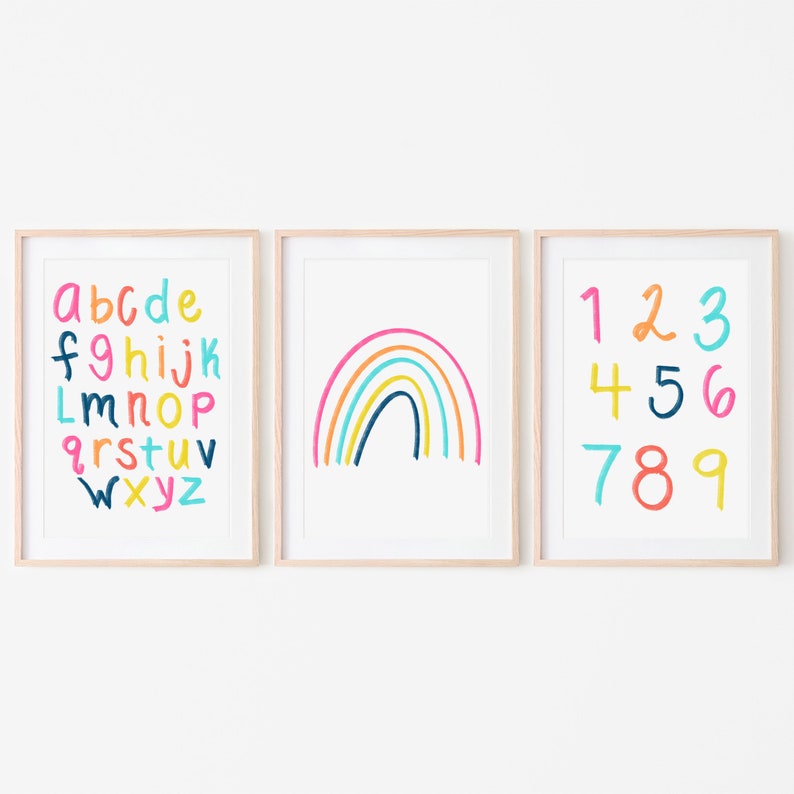 Bright Sunshine Alphabet Numbers and Rainbow Art Prints set | Etsy