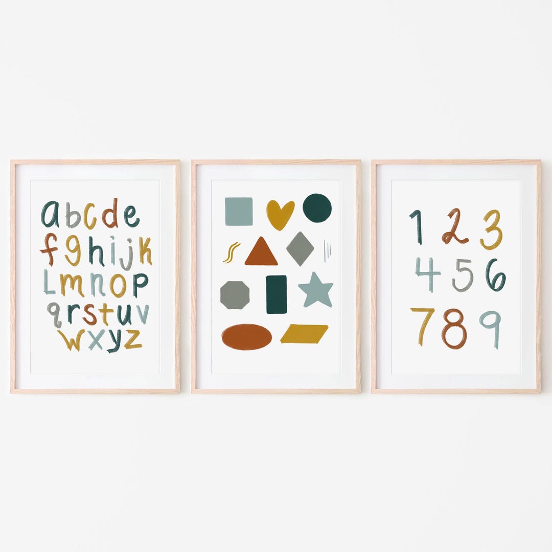 Retro Boys Alphabet, Numbers and Shapes Art Prints (set of 3) | Baby ...