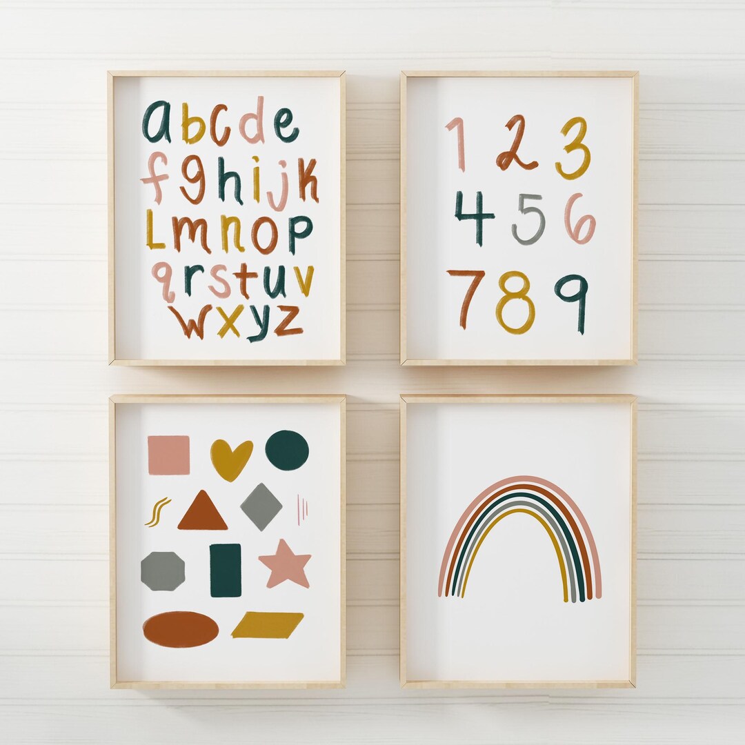Alphabet, Numbers, Rainbow & Shapes Print Set: Retro Nursery Decor ...