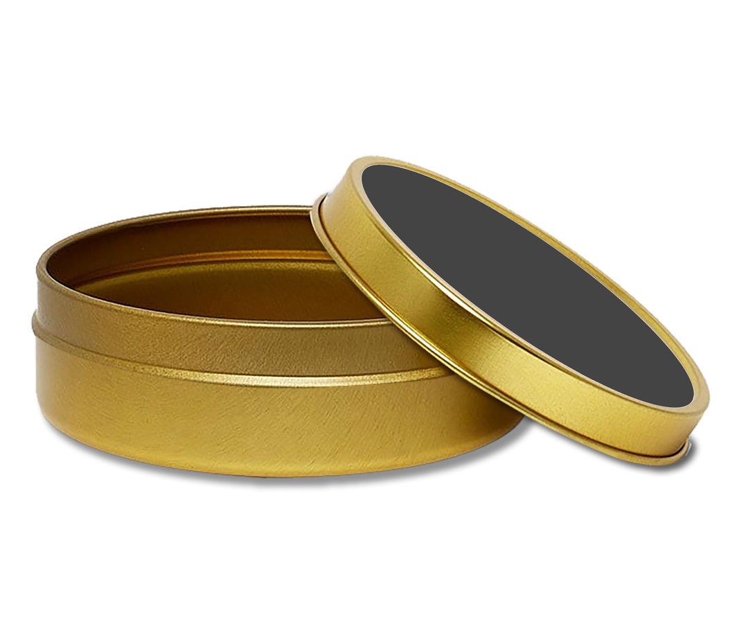 Round Gold Metal Tin 4 X 1.25 Deep Container With Two Chalkboard or Two ...