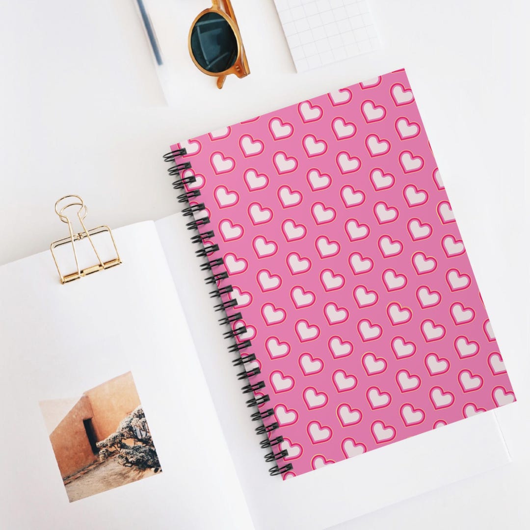 Pink Heart Pattern Spiral Notebook, Cute Notepad for Students, Love ...