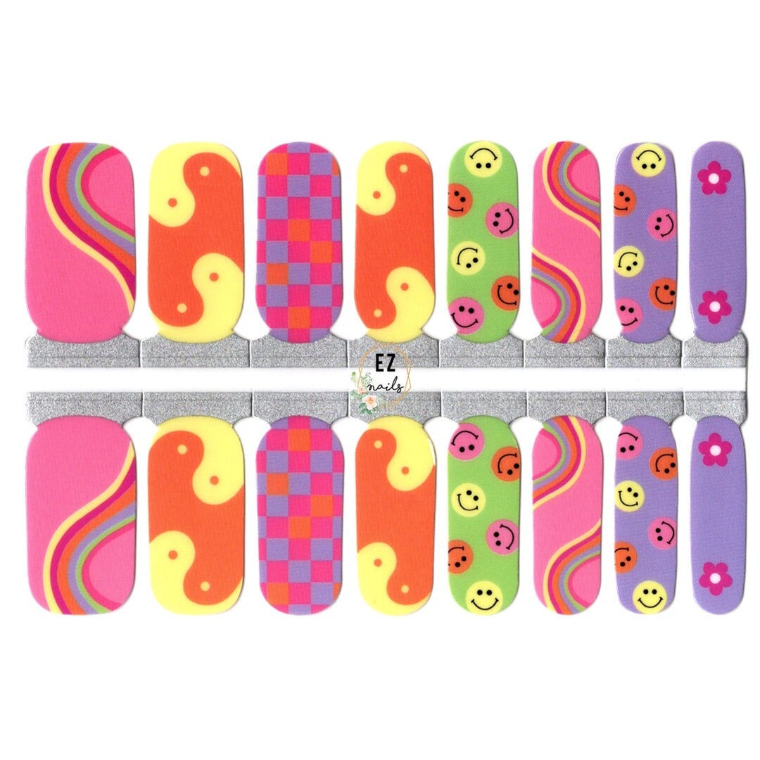 Colorful Preppy Waves, Smile Faces, Checkered, Ying and Yang Nail Wraps ...