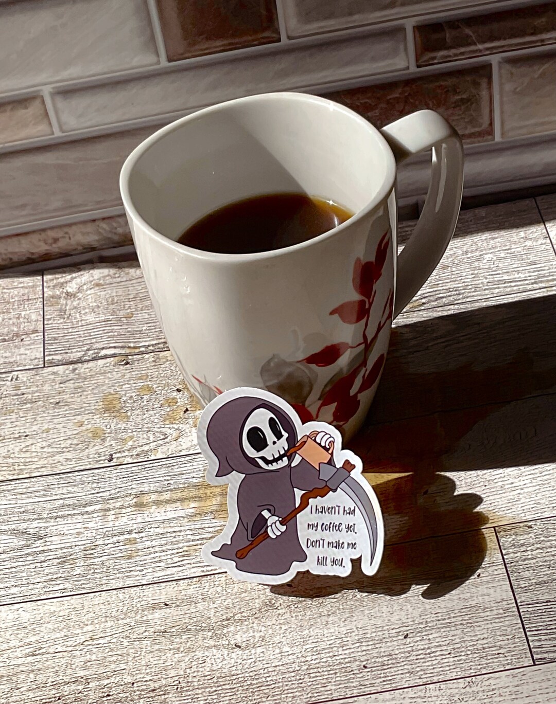 Cute Grim Reaper Coffee First Coffee or Death Dark Humor Glossy Sticker ...