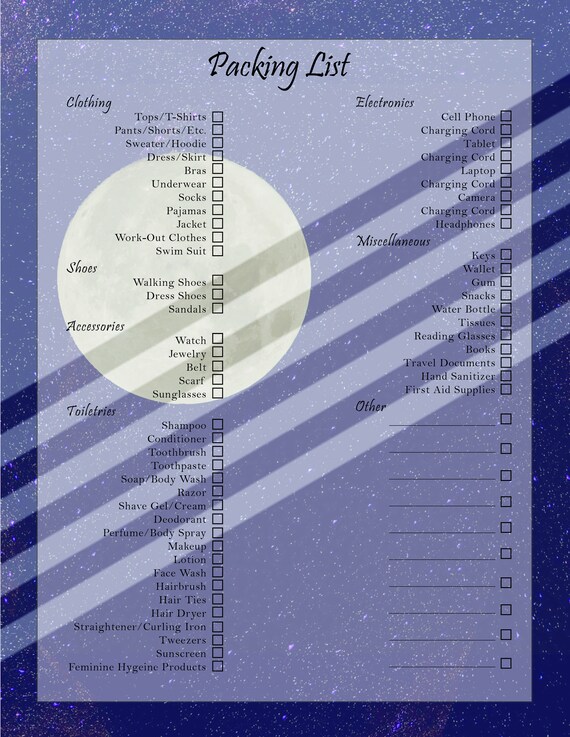Packing List Printable Full Moon - Etsy