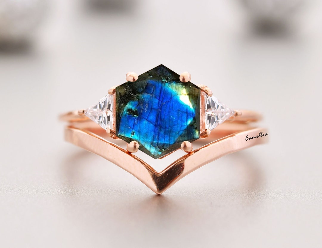 Labradorite Engagement Ring Set, 14k Solid Gold Hexagon Cut Labradorite ...