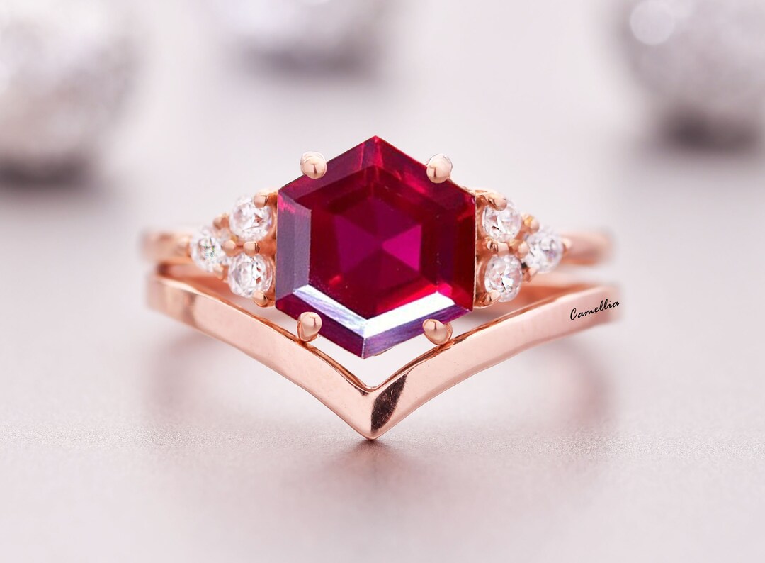 Hexagon Ruby Engagement Ring Set, Minimalist Queen Red Ruby Gemstone ...