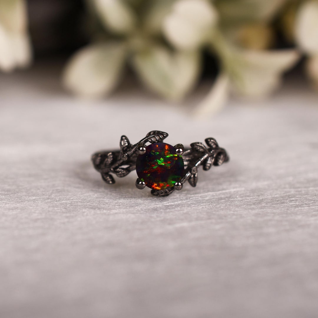Vintage Round Black Opal Leaf Ring – Anniversary Gift - Etsy