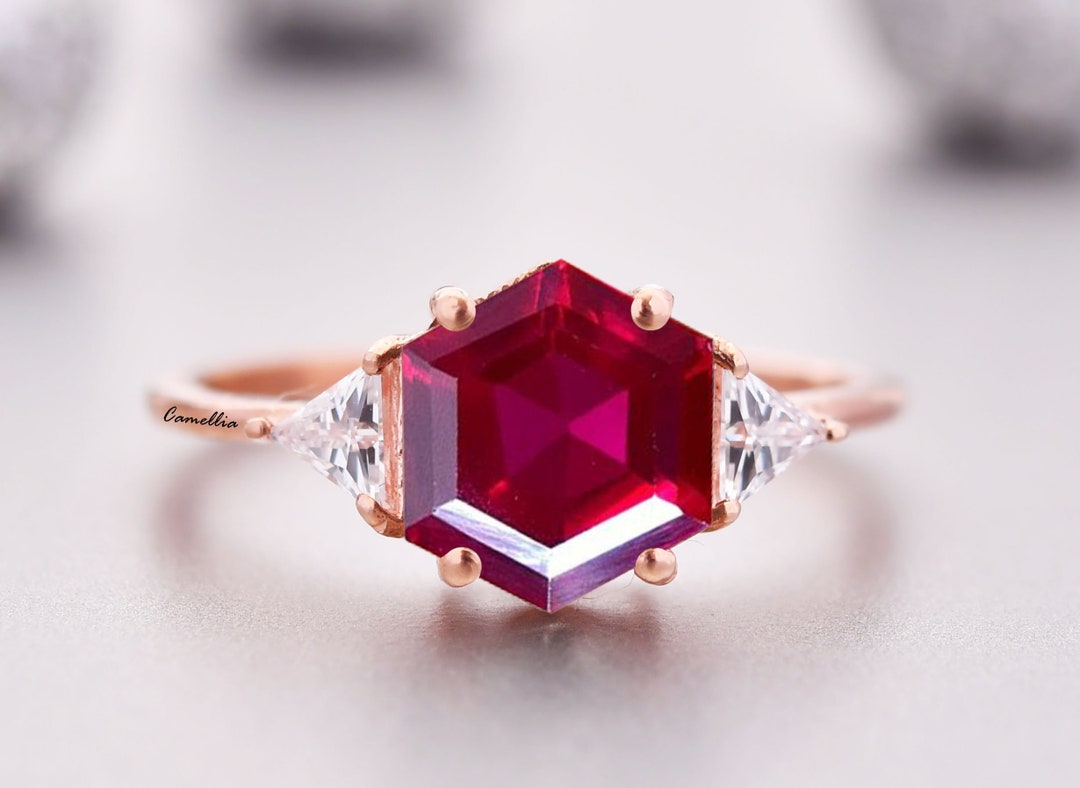 Minimalist Ruby Engagement Ring, Handmade Hexagon Cut Red Ruby Gemstone ...
