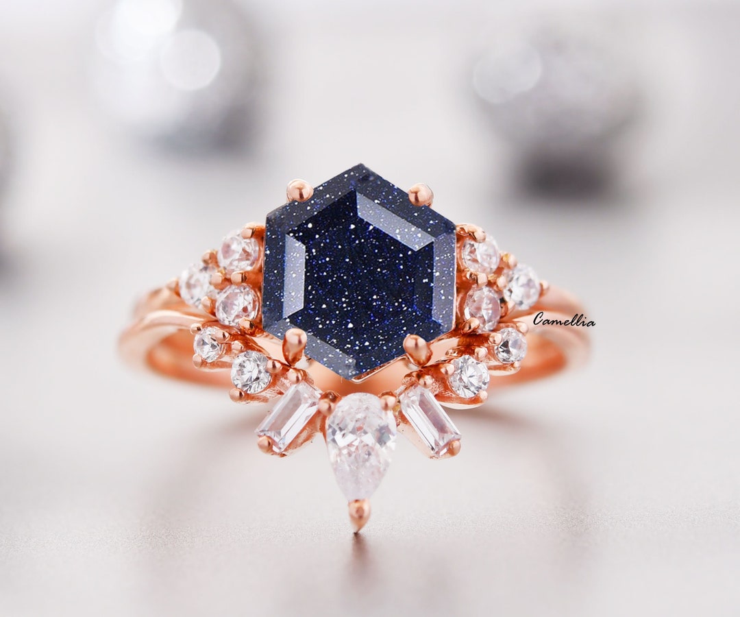 Unique Blue Sandstone Engagement Ring Set, Hexagon Cut Sandstone Bridal ...