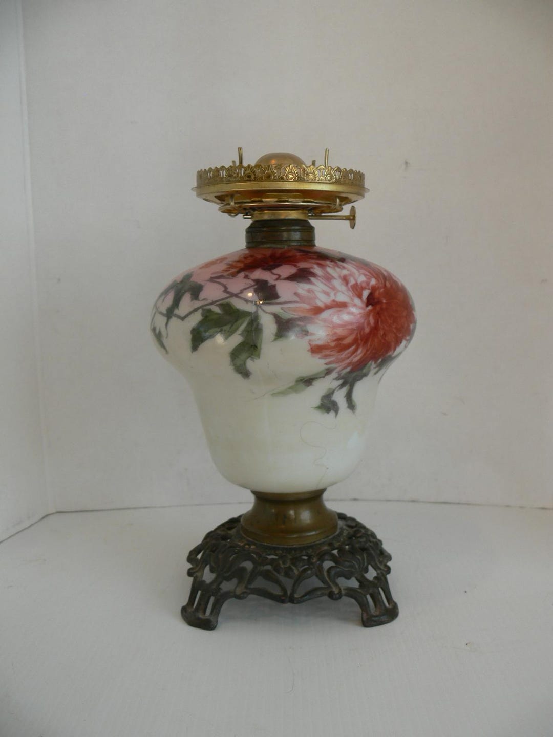Vintage Pink Floral GWTW Oil Lamp Base Opaque White Glass Table... - Etsy