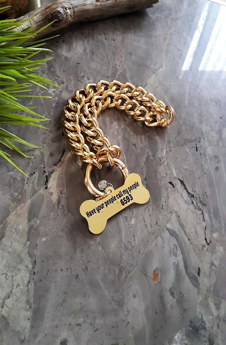 Gold Chain Dog Collar & Steel Bone Shaped Name Tag Pet Chain | Etsy