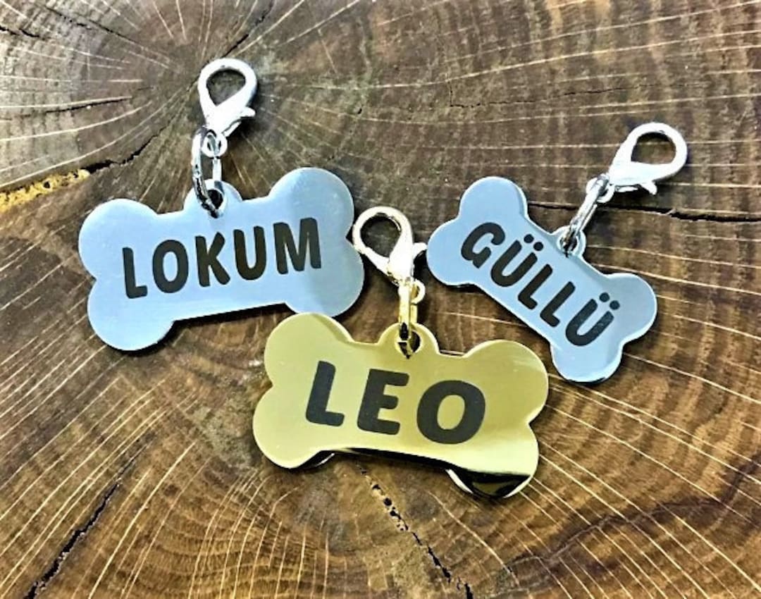 Gold Bone-shaped Dog ID Tag With Gemstone, Dog Name Tag, Pet Name Tag ...