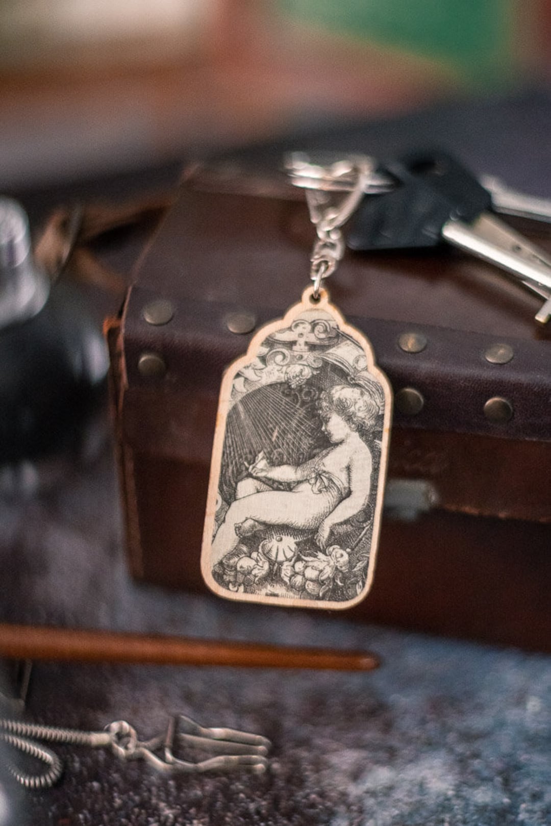 Goth Keychain Cherubin Steampunk Wood Keychain Black and White Art ...