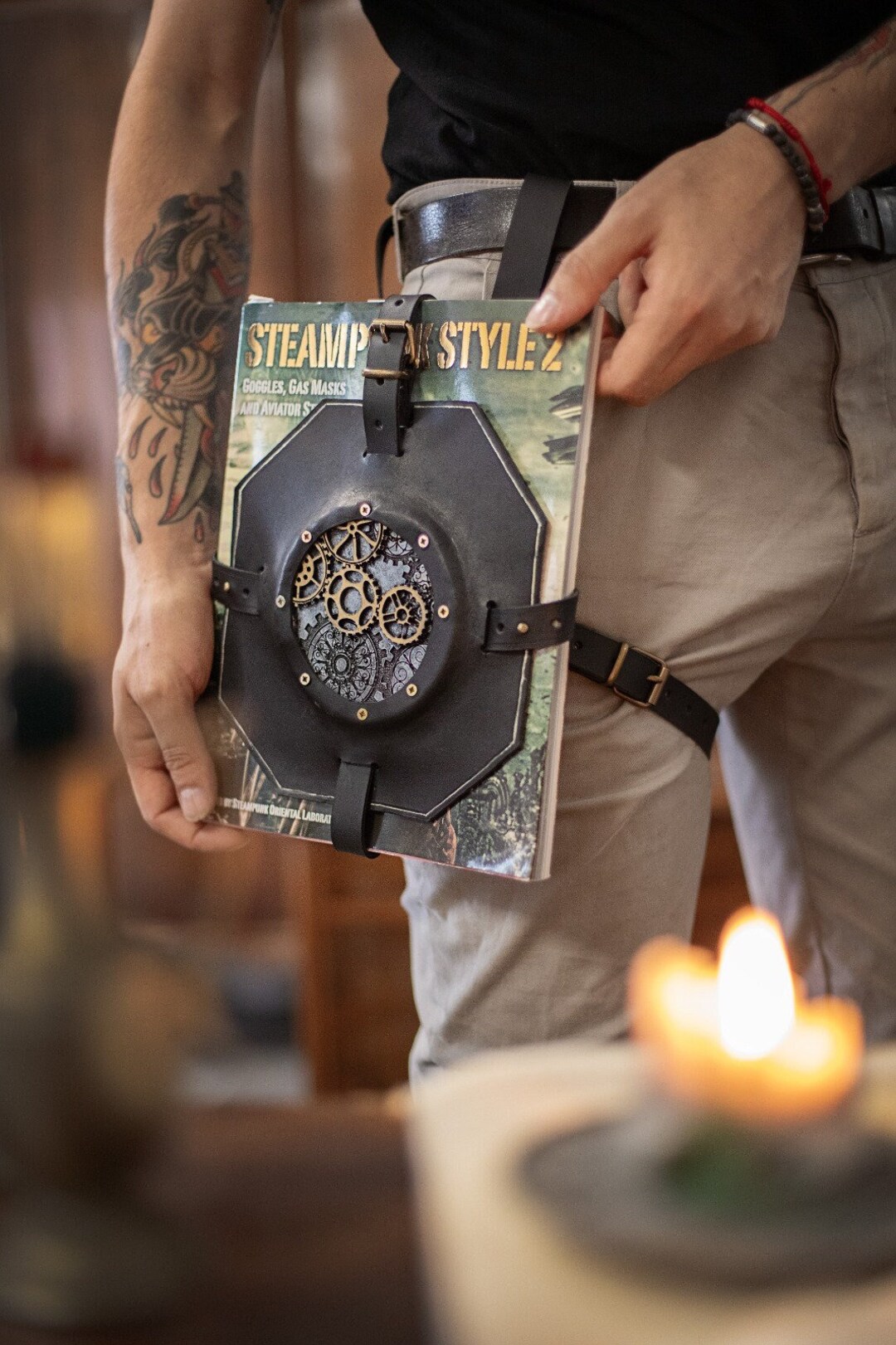 Steampunk Book Holder Gears Larp Leather Book Belt Bag - Book Lover ...