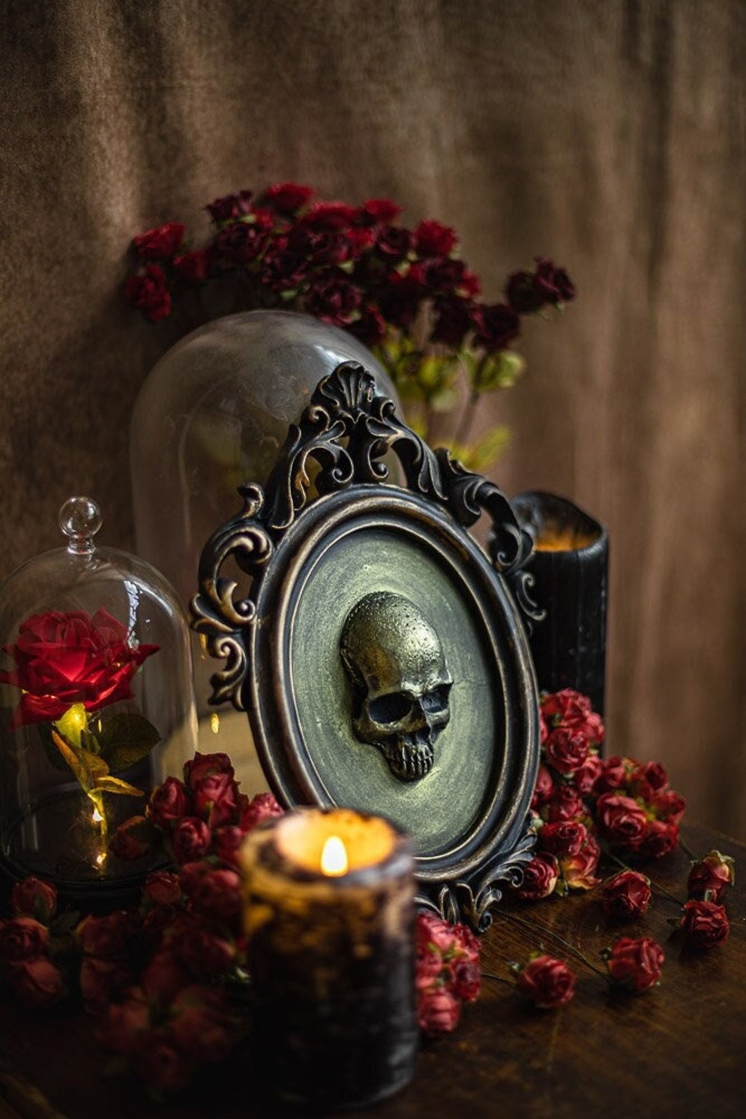 Skull Frame Wall Art Gothic Dark Home Decor Gold Green Vintage ...