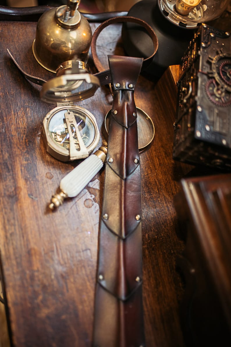 Leather Tie steampunk necktie armor brown and bronce handmade | Etsy