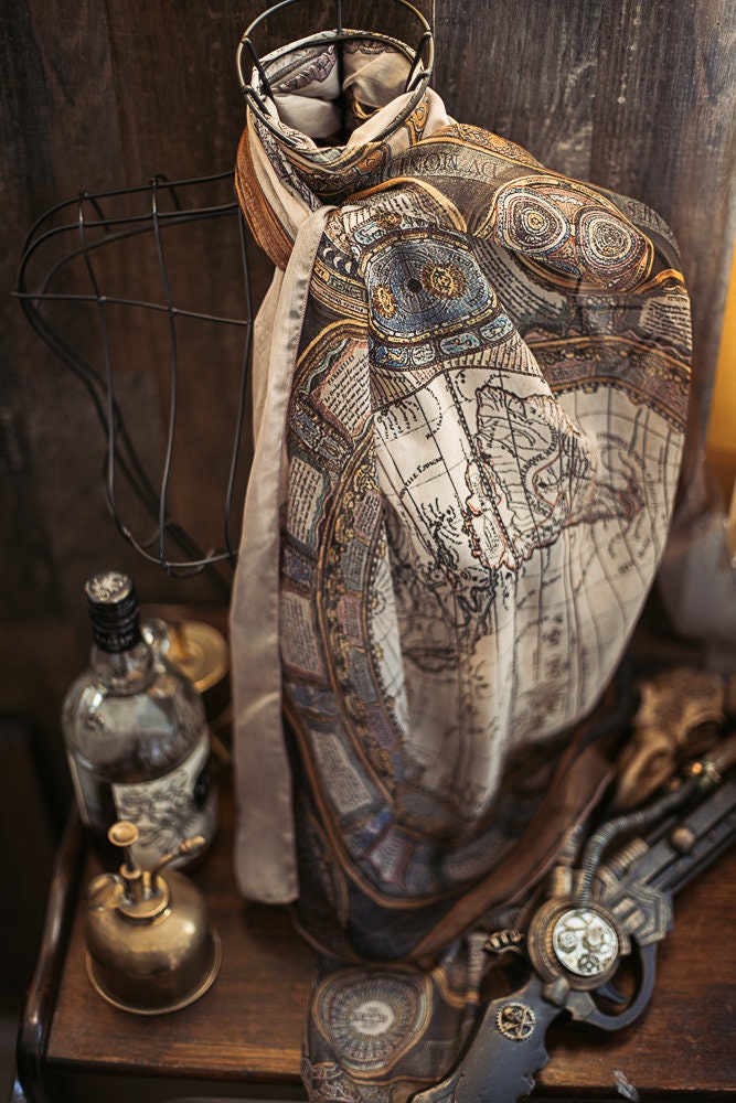 Old Map Scarf Steampunk Shawl in Chiffon Cravat for Men and | Etsy