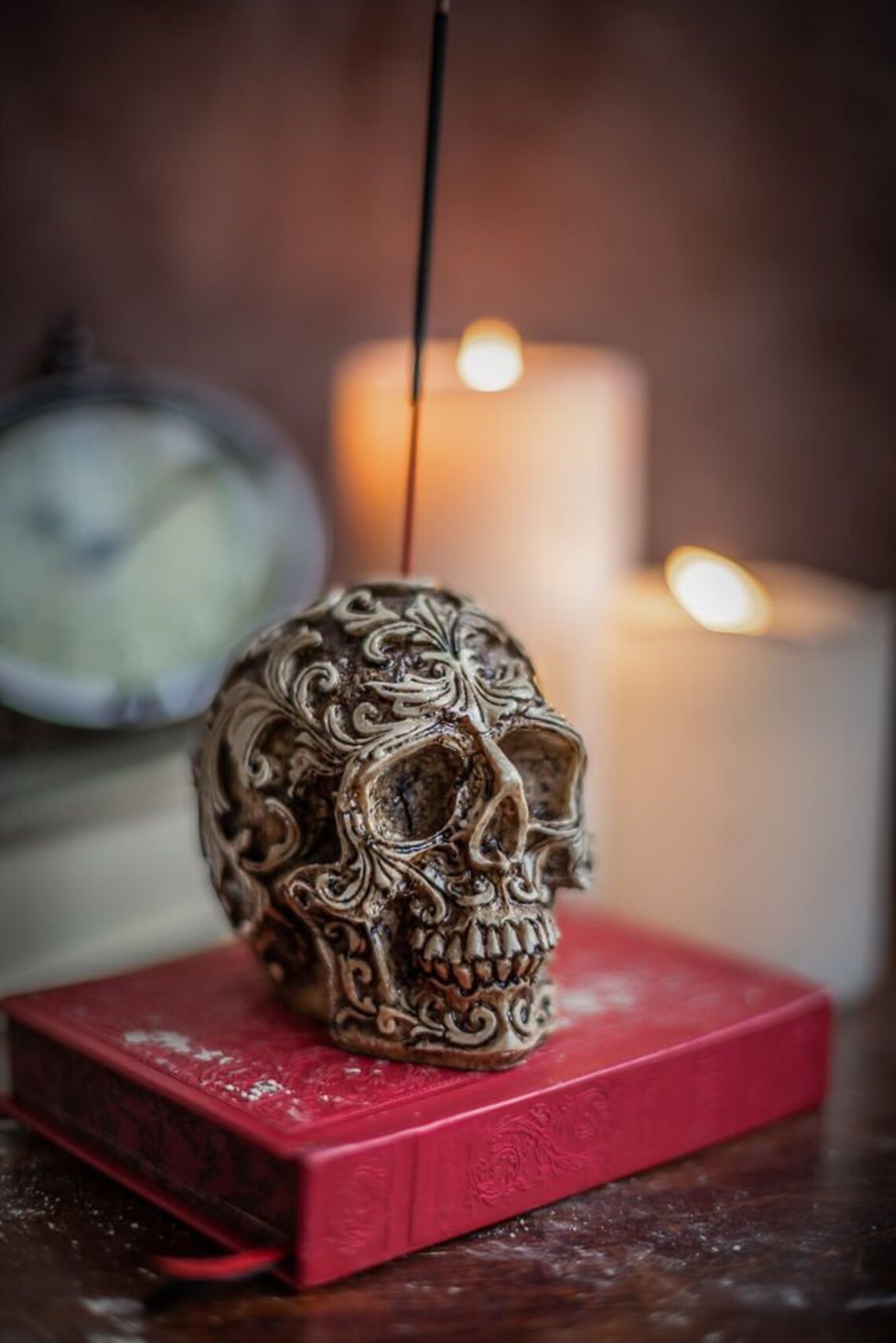 Incense Burner Human Skull Incense Holder Baroque Decor Brocade Resin ...