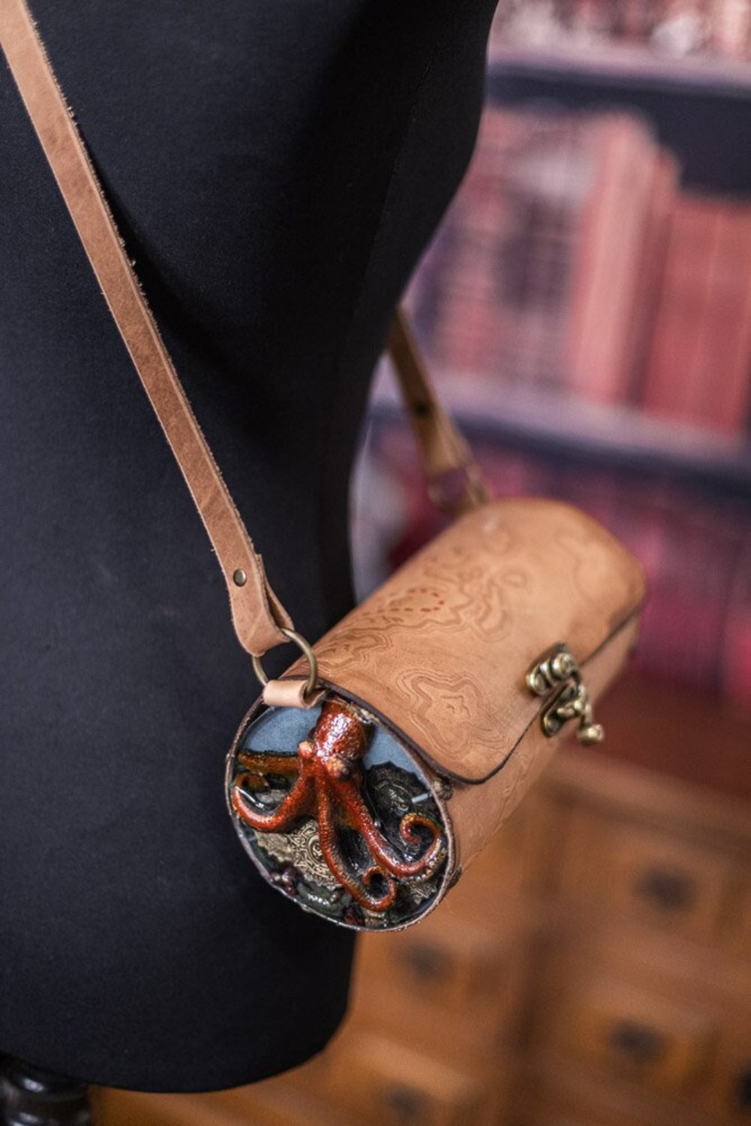 Pirate Leather and Resin Bag in Brown Treasure Map Octopus and Treasure ...