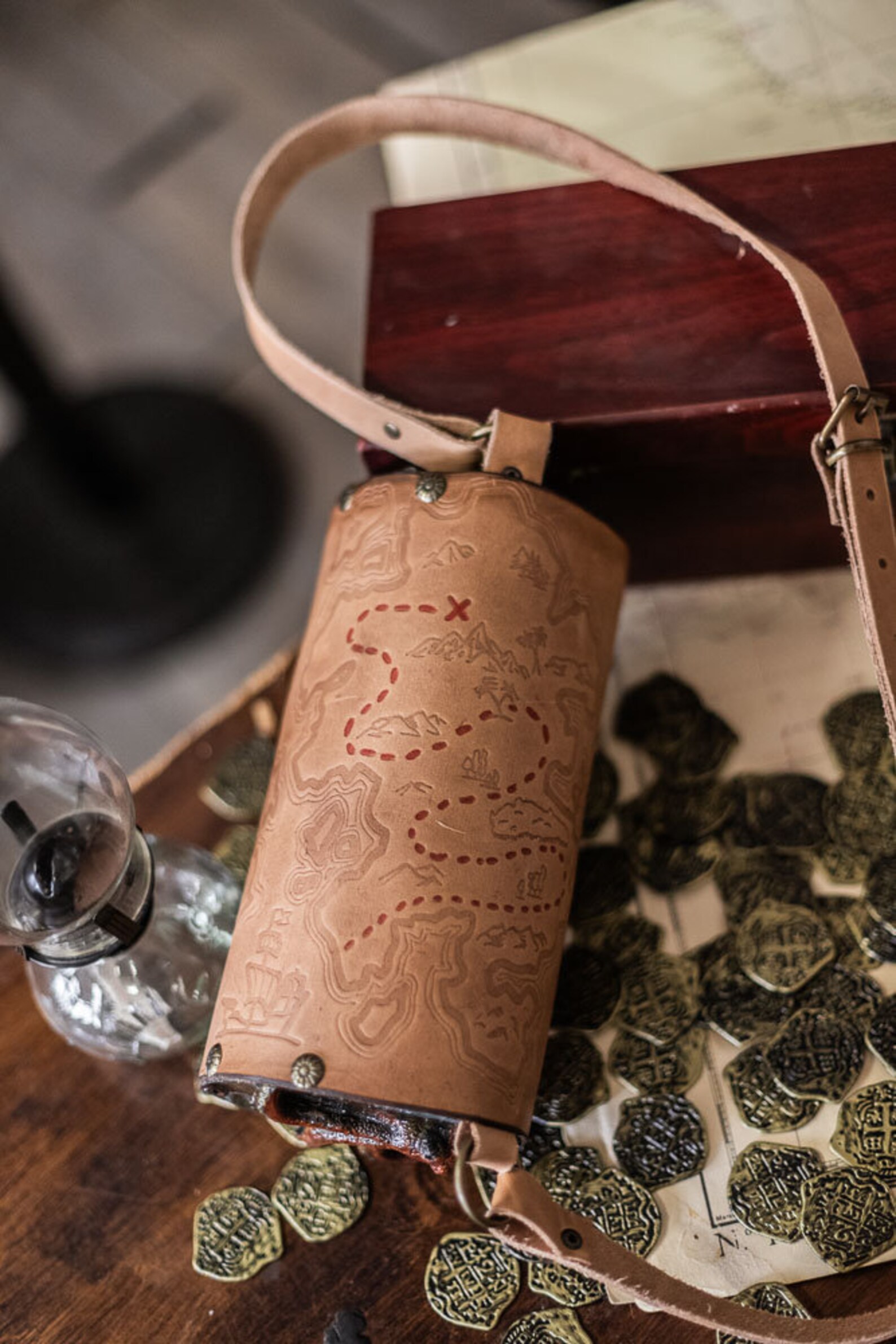 Pirate Leather and Resin Bag in Brown Treasure Map Octopus and Treasure ...