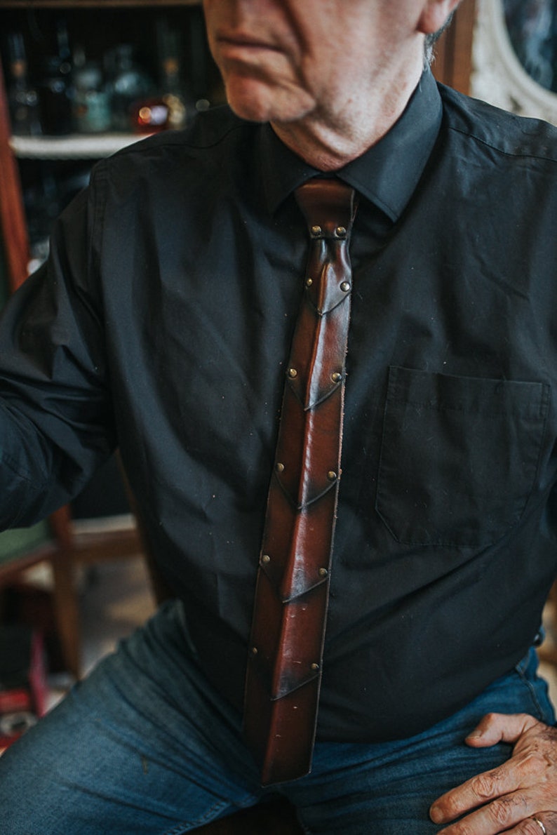 Leather Tie steampunk necktie armor brown and bronce handmade | Etsy