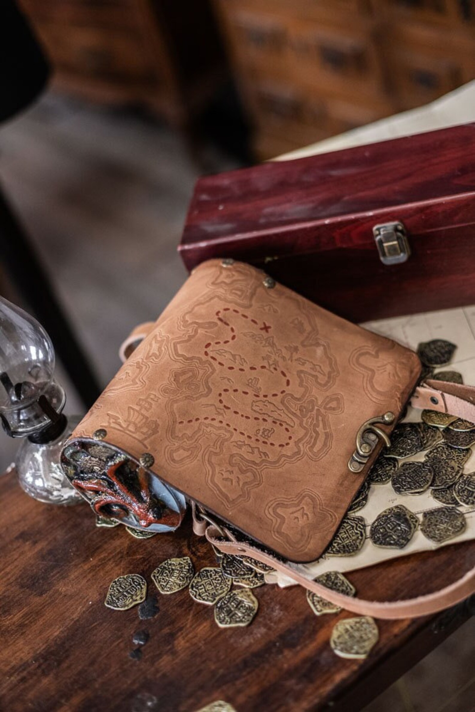 Pirate Leather and Resin Bag in Brown Treasure Map Octopus and Treasure ...