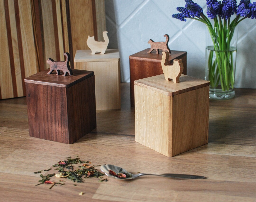 Loose Leaf Tea Container / Handmade Wooden Kitchen Box With Cat Decor ...