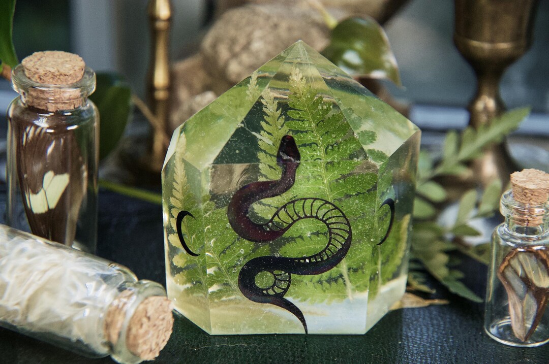 Snake and Moon Fern Leaf Resin Crystal Point | Botanical Crystal ...