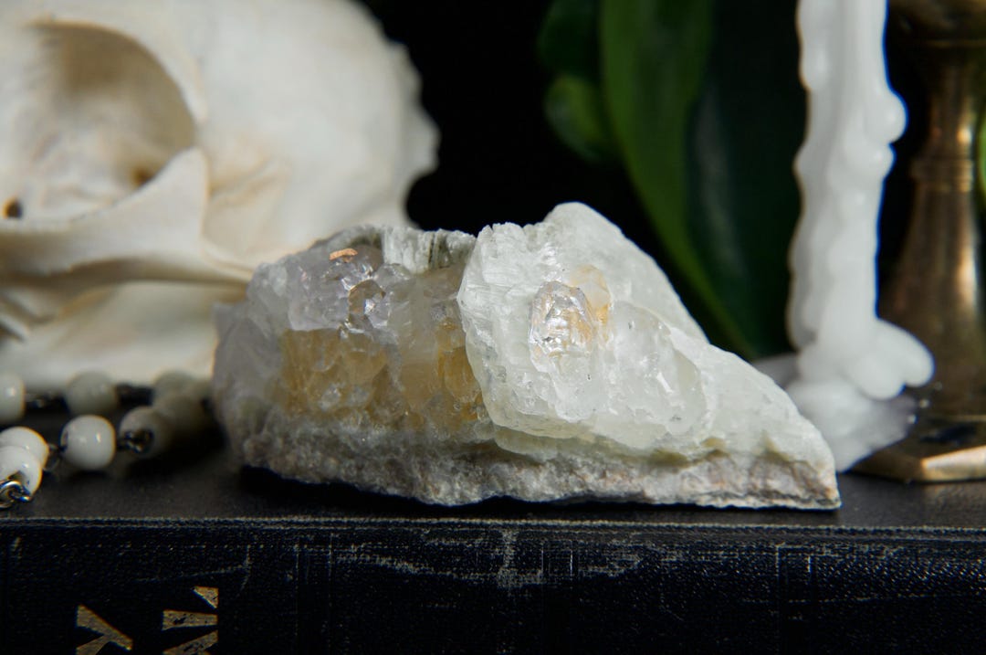 Quartz Crystals on White Calcite Blade Cluster | Calcite Crystal Quartz ...