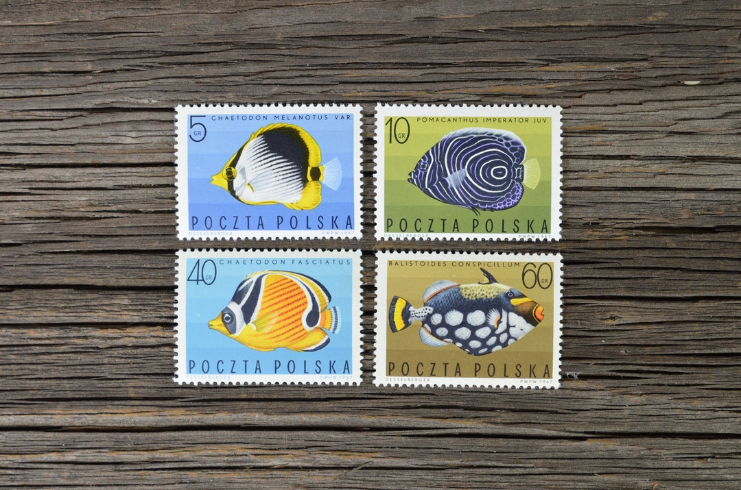 4 Tropical Fish Postage Stamps / UNUSED Vintage Polish Stamps/ From ...