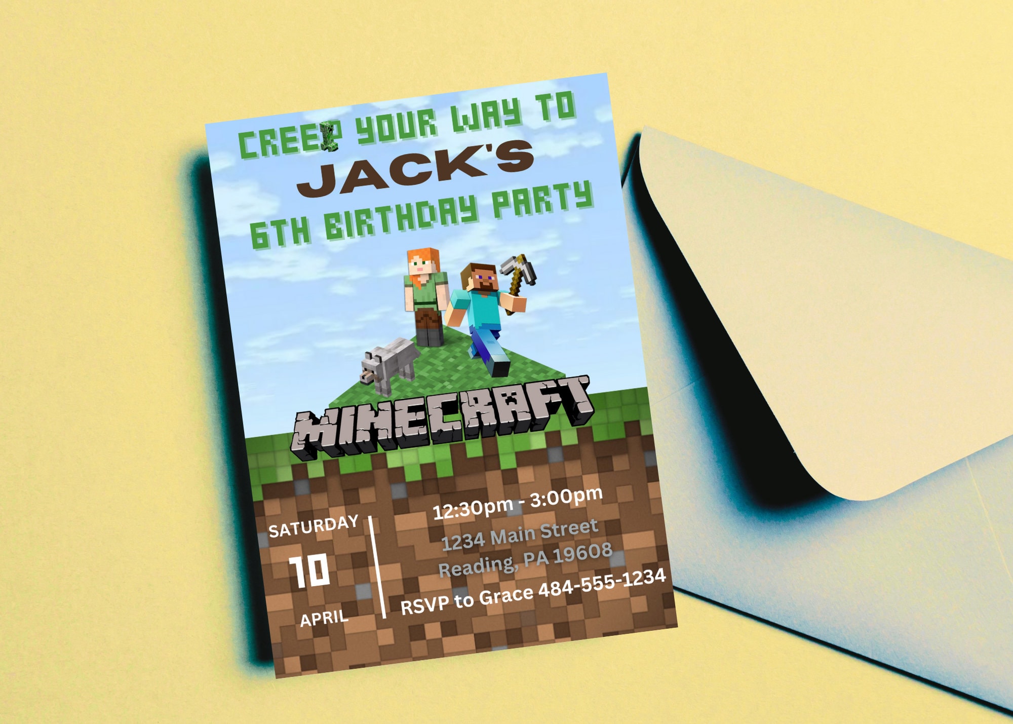 Minecraft Birthday Invitation, Greem, Brown, Creeper, Steve, Digital ...